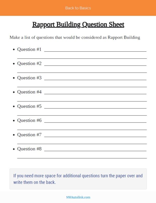 Sheet – Rapport Building Questions – NWAutoLink